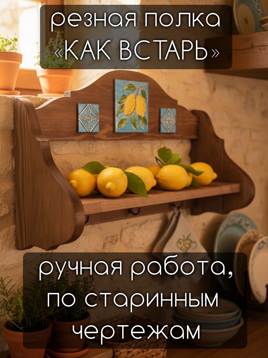 Полка настенная «Как встарь», с декором «Лимон», под старину, по старинным чертежам, из массива дерева, ручная роспись