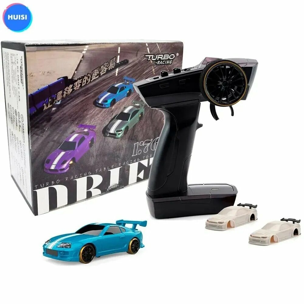 Turbo Racing Радиоуправляемая машинка Drift в масштабе 1:76, мини-гонщик с гироскопом, пульт дистанционного управления 2,4 ГГц и 2 сменных чехла (C63-синий)