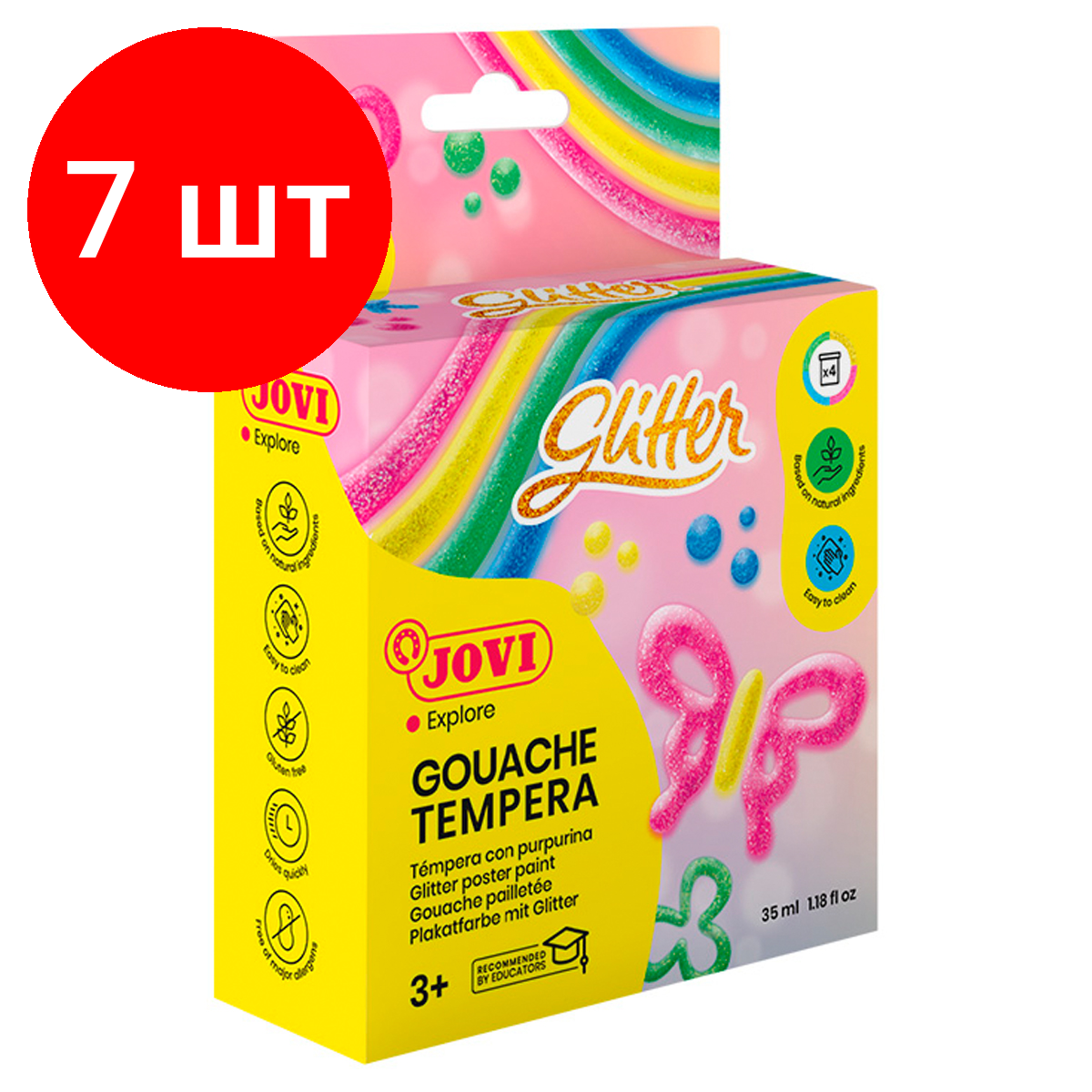 Комплект 7 шт, Гуашь JOVI, 06 цветов, с кистью, с блестками, картонная коробка