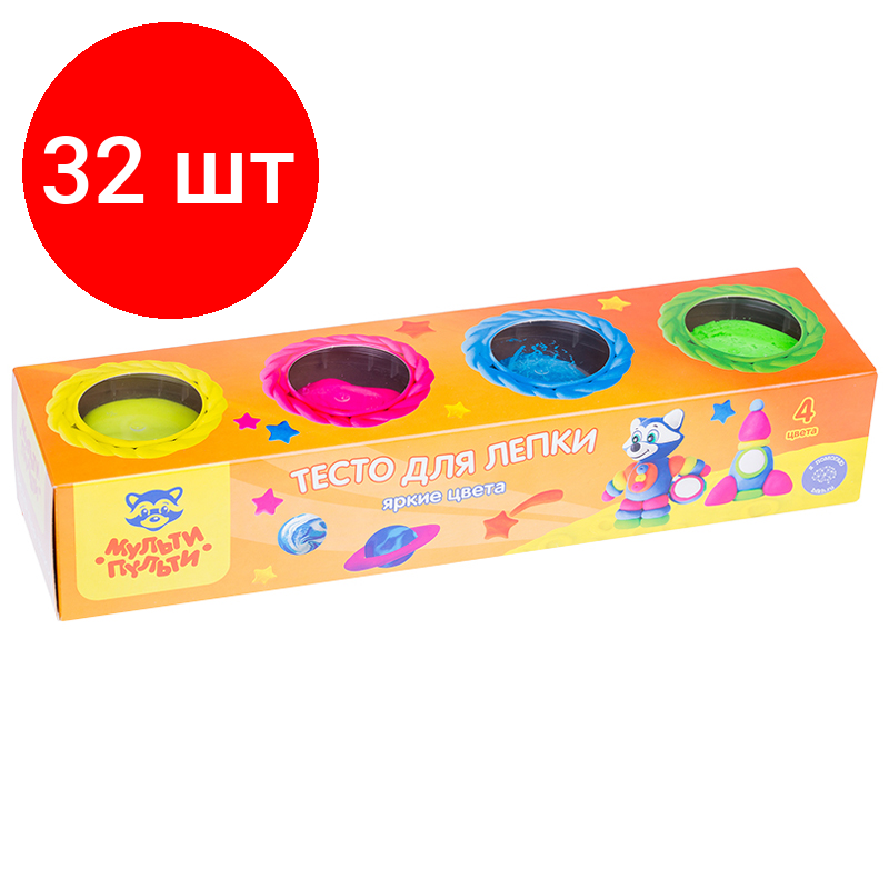 Комплект 32 шт, Тесто для лепки Мульти-Пульти "Енот на Луне", 04 цвета*90г, неоновые цвета, картон