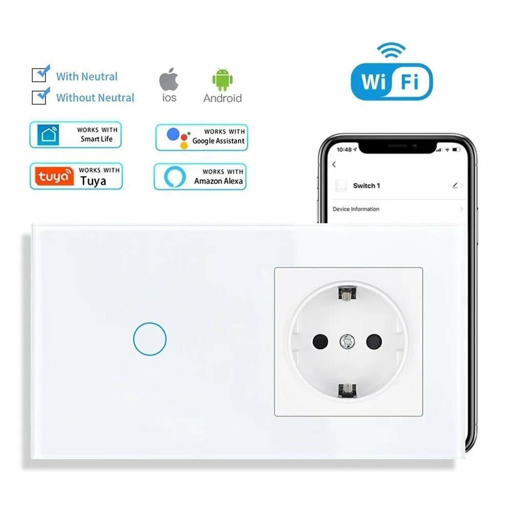 Умный сенсорный WIFI выключатель с розеткой в одной стеклянной белой рамке для Алисы, одноклавишный + 1 обычная розетка