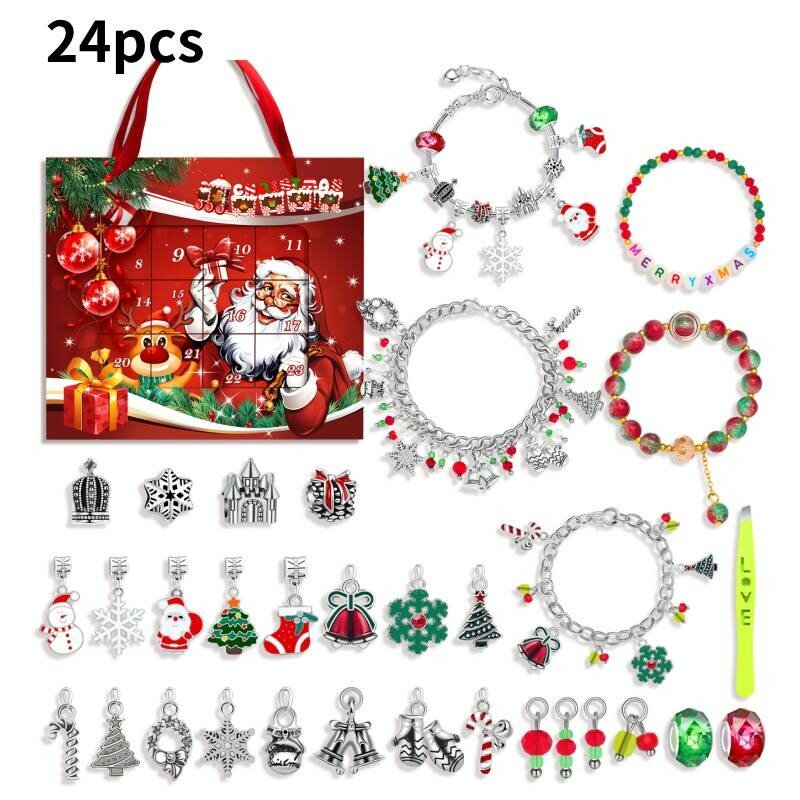 Charming kids diy bead bracelet gift box set featuring festive christmas designs style a
