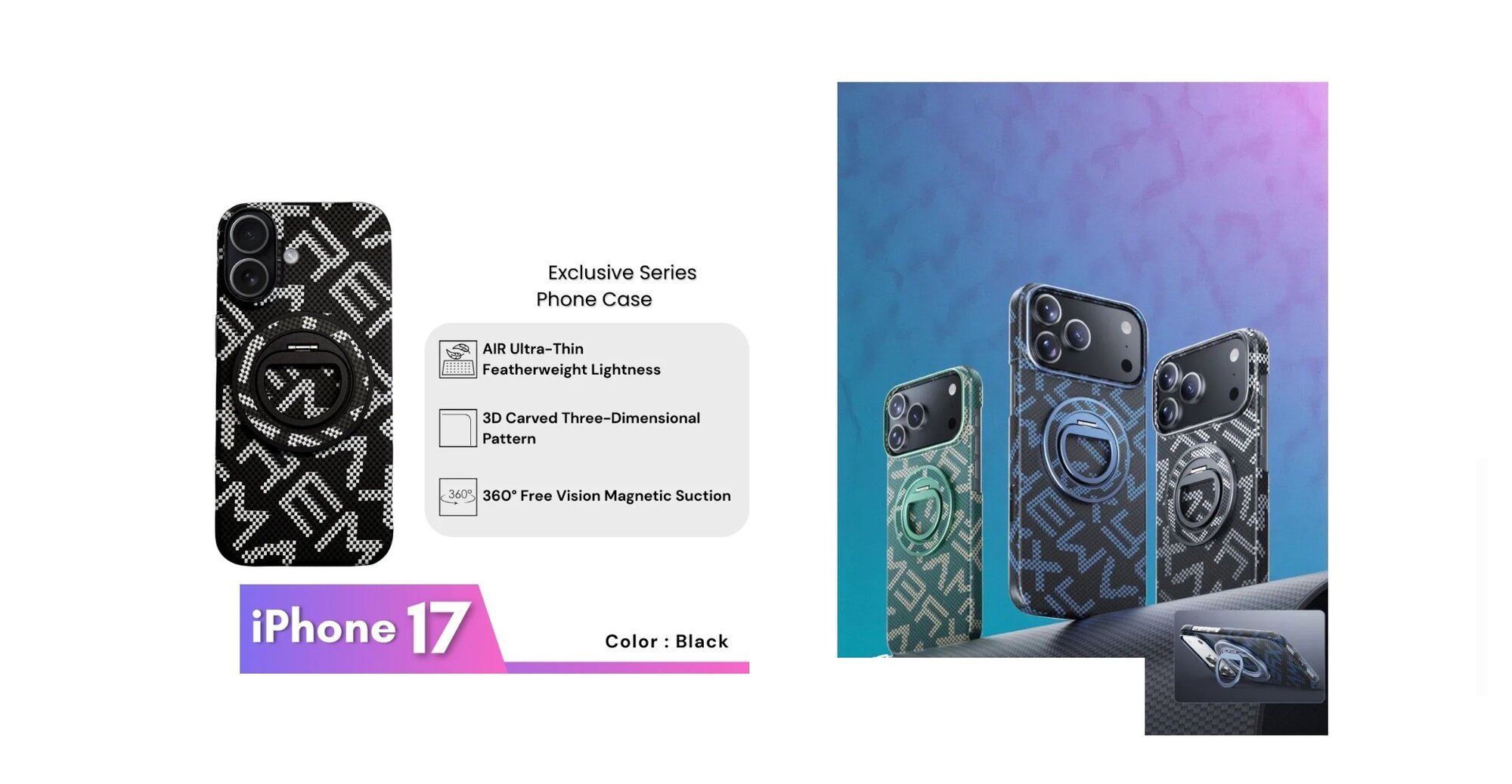 Чехол накладка для iPhone 17, Remax Exclusive Series Magnetic+ Кольцо с подставкой 360, 1.2 мм, Черный