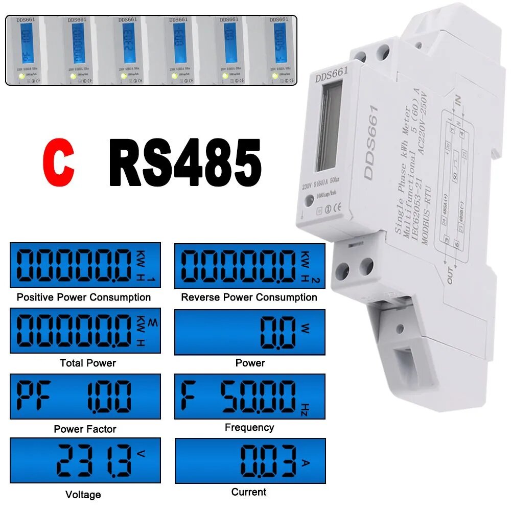 230VAC 5(60)A 50Hz 1000imp/kwh однофазный ЖК-цифровой счетчик киловатт-часов, счетчик электроэнергии (c RS-485, DIN-рейка) - 1 шт.