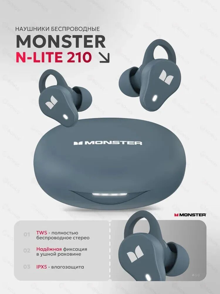 Monster Наушники беспроводные с микрофоном TWS MONSTER N-Lite 210, Bluetooth, USB Type-C, темно-синий