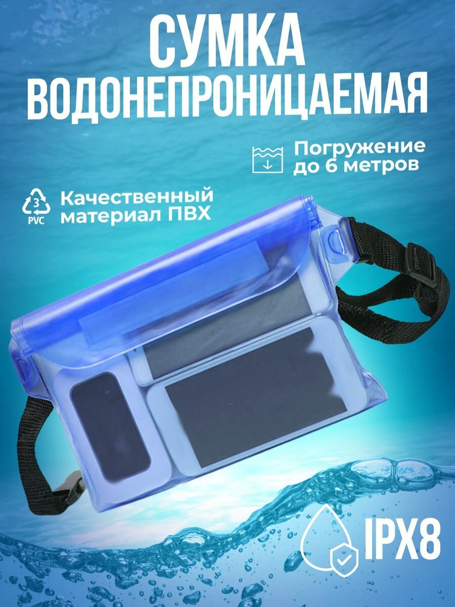 Герметичная сумка на пояс, тройной гермо клапан IPX8. Водонепроницаемый чехол для телефона, документов. Синий