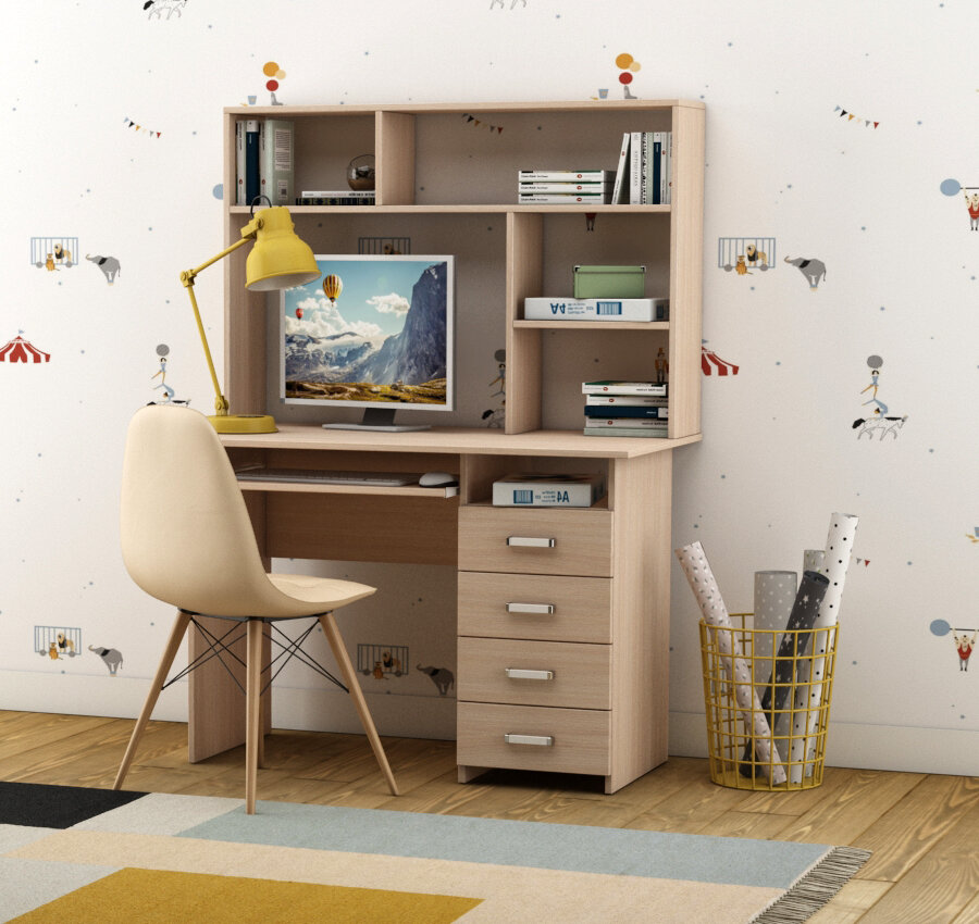 Стол письменный, стол компьютерный Лайт (Ньюкасл) 5К с надстройкой дуб молочный