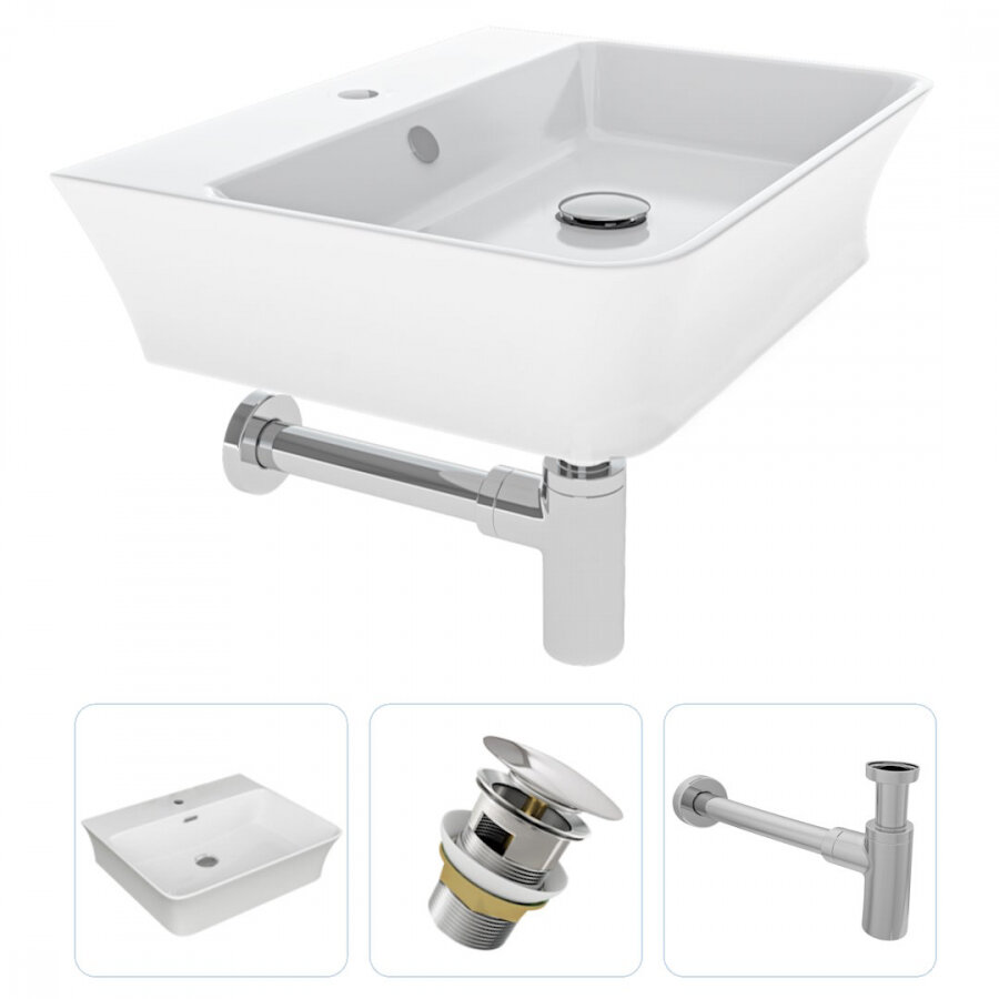 Раковина накладная для ванной Teymi Aina 49 в комплекте донный клапан клик-клак с переливом хром и сифон хром F07556