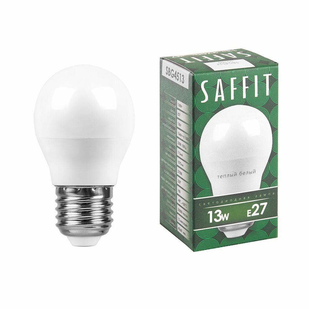 Лампа светодиодная Е27 мощность 13W цвет 2700K теплый белый свет SAFFIT SBG4513 55160 Упаковка 10 штук