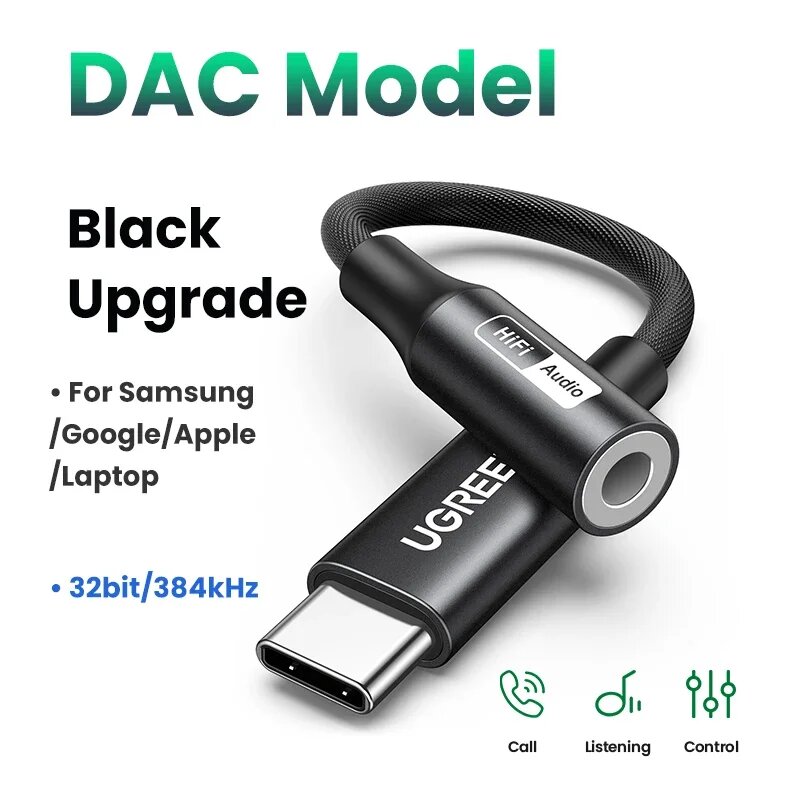 UGREEN Адаптер Type-C на 3,5 мм Upgrade DAC Black