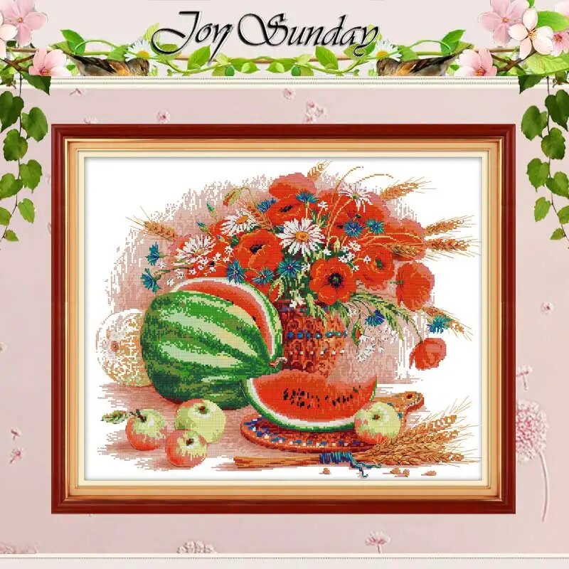 Набор для вышивки крестом Joy Sunday "Арбуз и вазы", 11CT, 14CT, 16CT 14CT blank canvas
