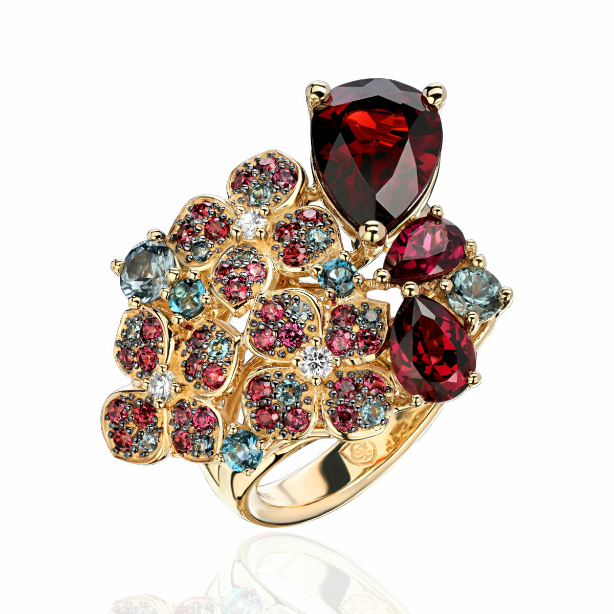 Кольцо, желтое золото, 585 проба, бриллиант, шпинель, топаз, сапфир, родолит, гранат
