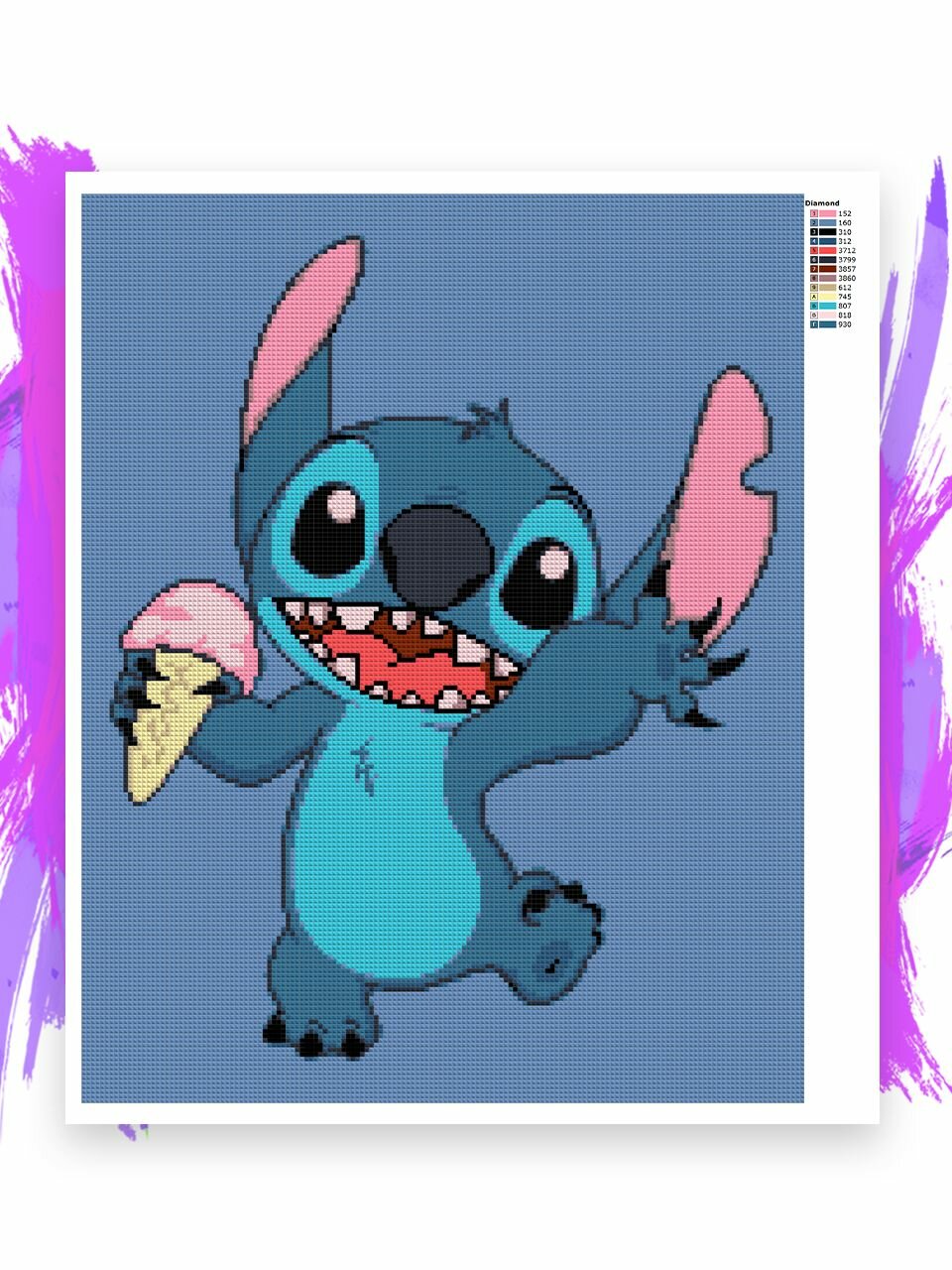 Алмазная мозаика без подрамника - вышивка Стич с мороженым 40 х 50 см