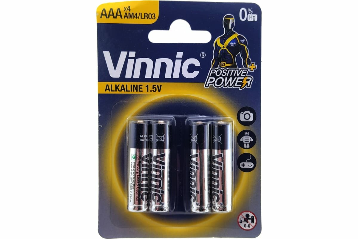 VINNIC LR03 AAA алкалиновые щелочные батарейки 1.5 В блистер 4 шт 4898338006612