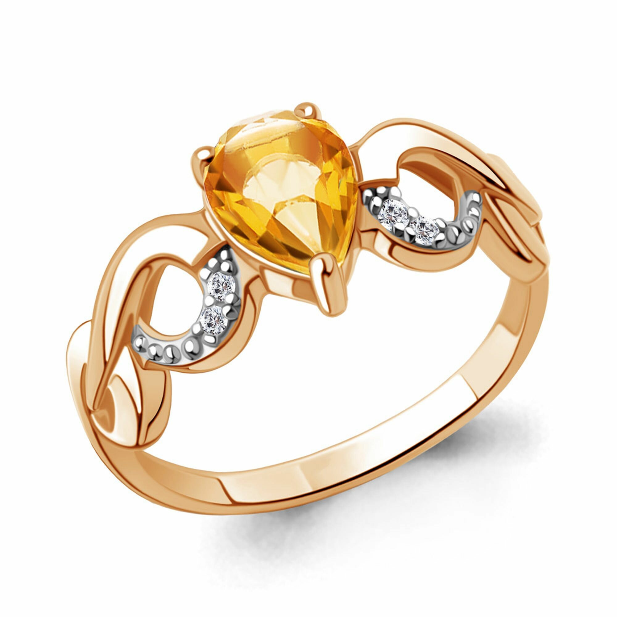 Кольцо, серебро, 925 проба, золочение, фианит, цитрин