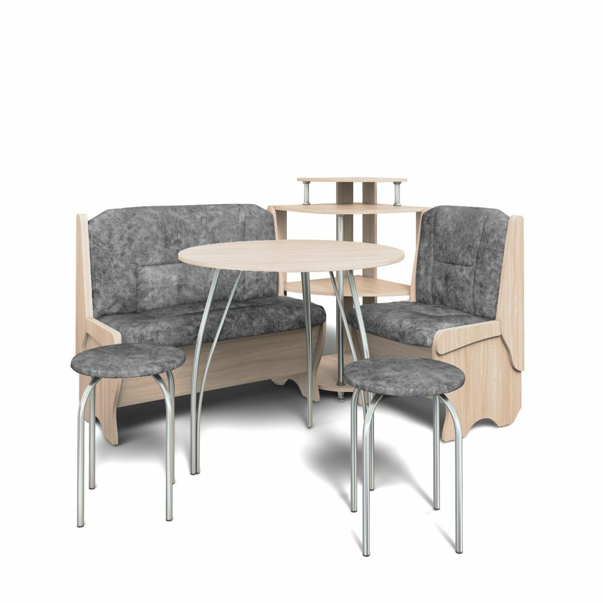 Кухонный уголок лотос (набор скамьи 550 и 950, этажерка, стол, 2 табурета) Ясень/велюр Графит (Бител)