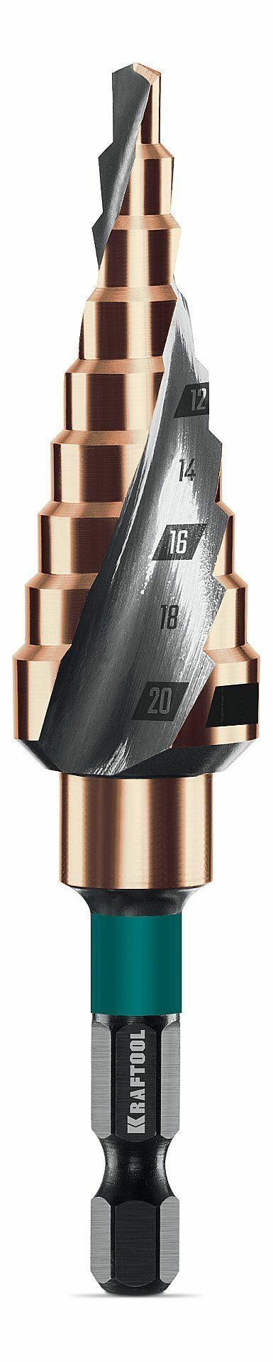 Сверло ступенчатое KRAFTOOL COBALT 4-20мм; 9 ступеней; азотирование; винтовая спираль (29691-4-20-9)