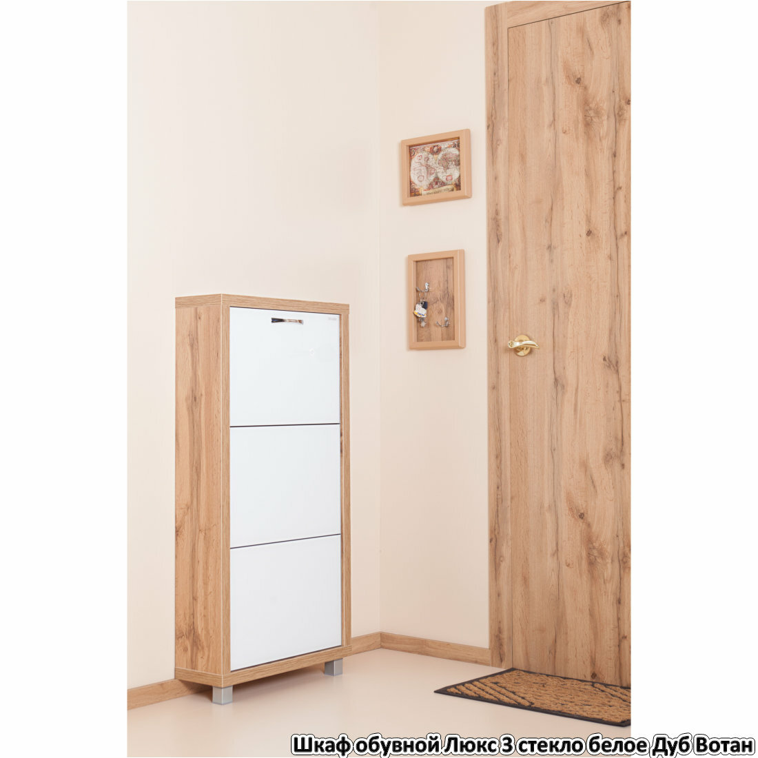 Шкаф обувной Люкс 3 стекло белое дуб вотан, Айрон, Ш:55 см, В:107 см, Г:19 см.