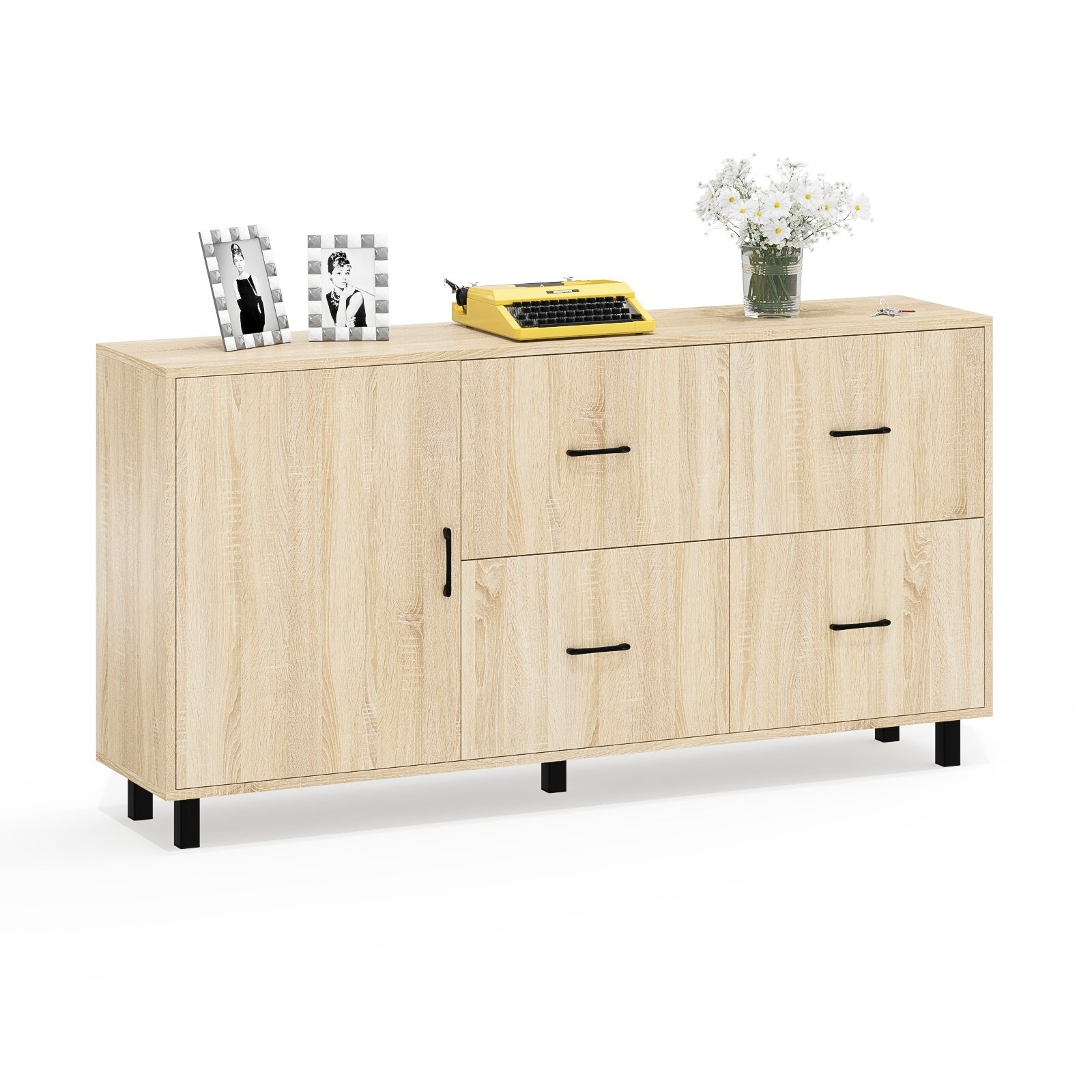 Комод широкий РВК 125-1704 с дверкой и ящикам, цвет дуб сонома, ШхГхВ 170,4х37,4х87 см.