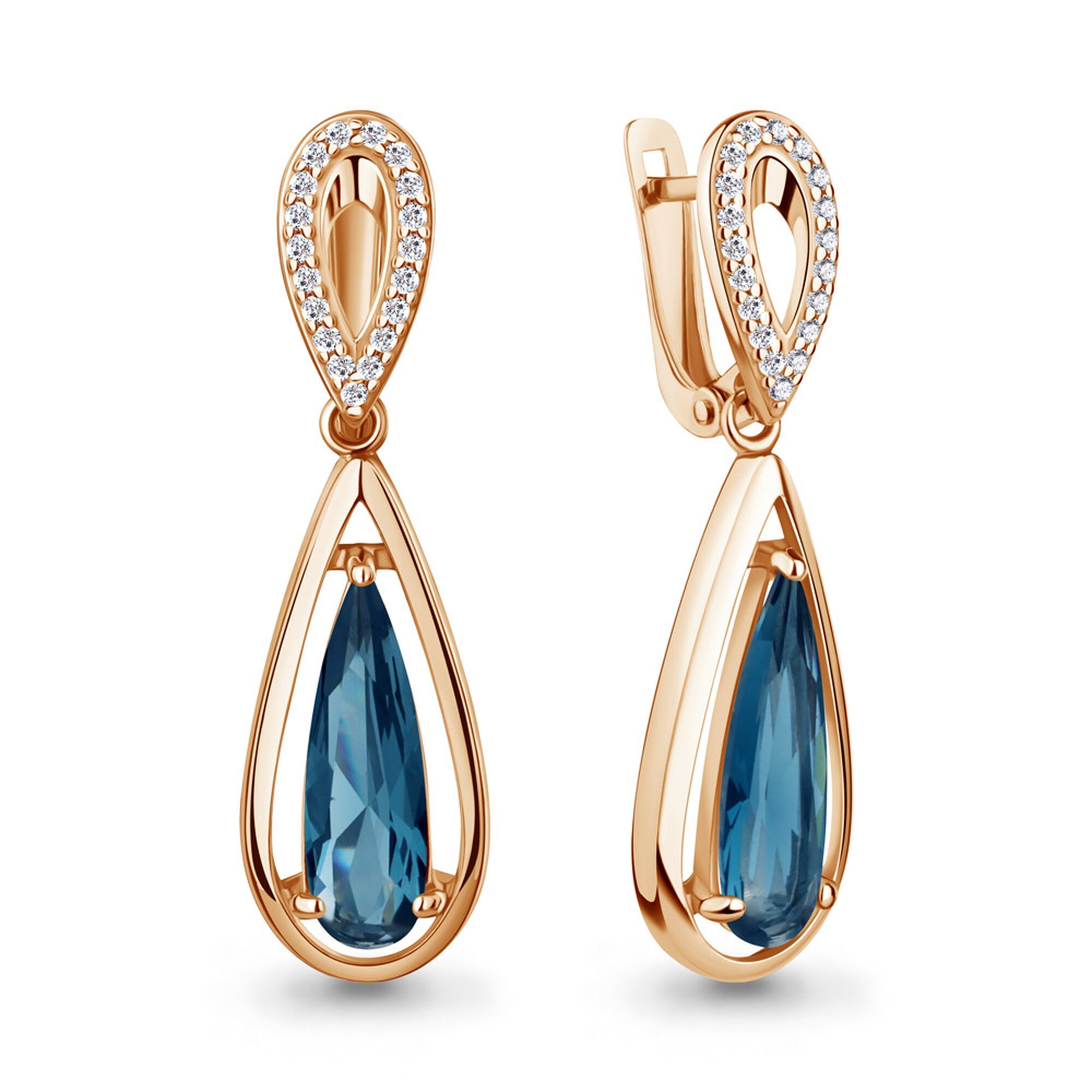 Серьги, серебро, 925 проба, золочение, фианит, Лондон топаз