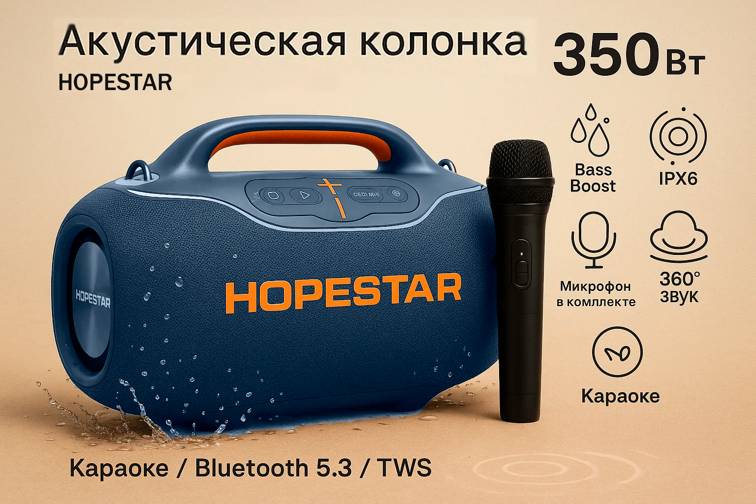 Портативная колонка ElektroBit, Bluetooth, до 24ч работы, влагозащита, с микрофоном, синий 350Вт