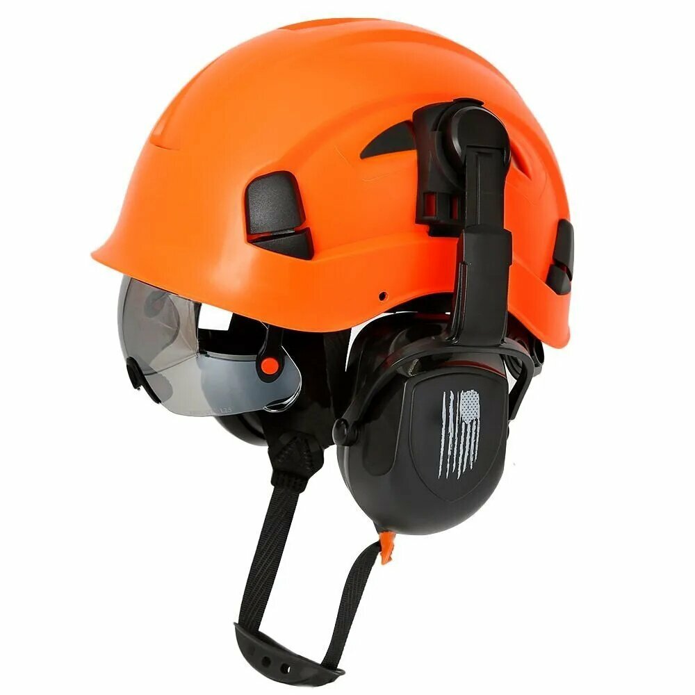Строительная каска (защитный шлем) с противошумными наушниками и встроенными регулируемыми солнцезащитными очками