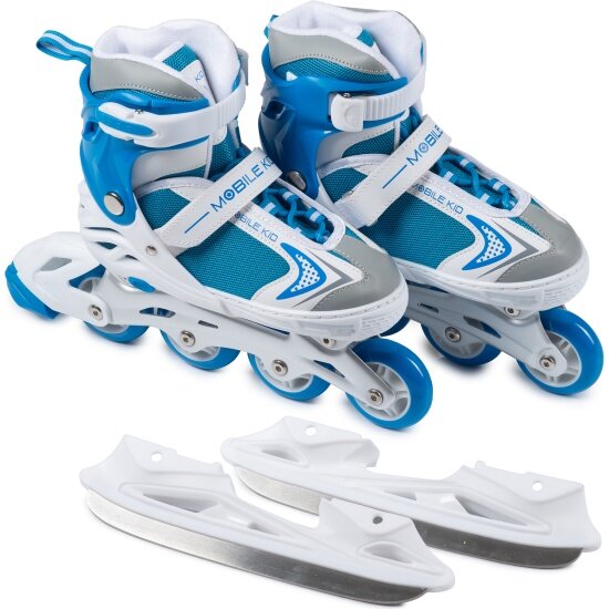 Раздвижные коньки-ролики (2 в 1) Mobile Kid UNI SKATE, размер M (31-34), WHITE BLUE