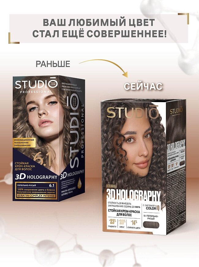 Краска для волос Studio 3D HOLOGRAPHY 6.1 Пепельно-русый, 50/50/25/15 мл