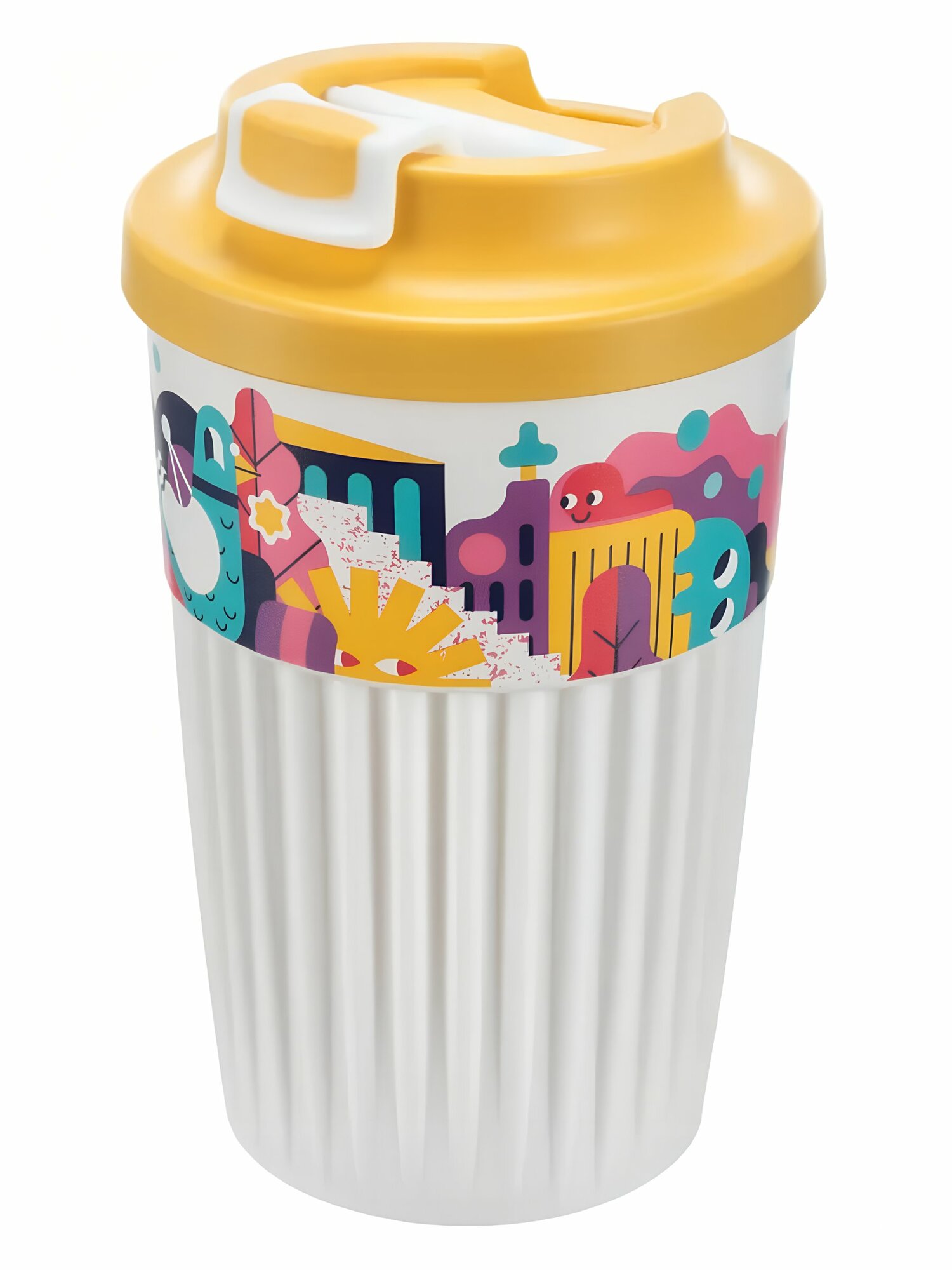 Стакан 450 мл, пластик, Бытпласт, Phibo, городские фантазии, с клапаном, белый, 433277316