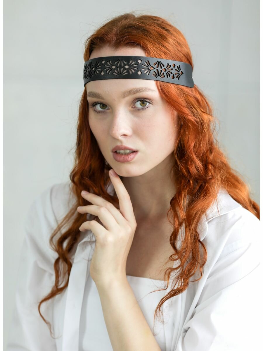 Повязка для волос "Кожаный цветок" из натуральной кожи, женская, черная