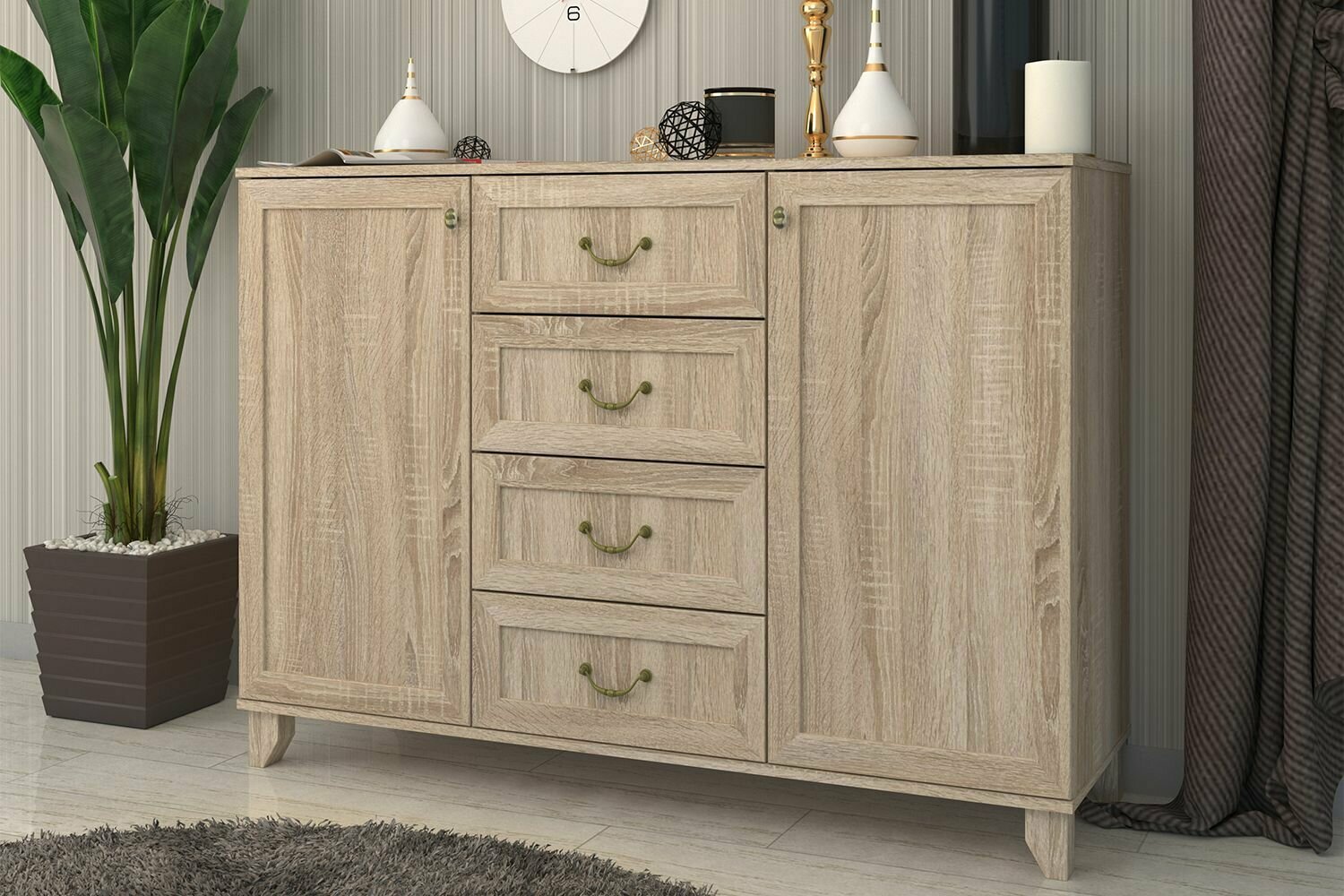 Комод Ренди 26М 140х40х80 дуб сонома, рамка квадро МДФ, ножка №3