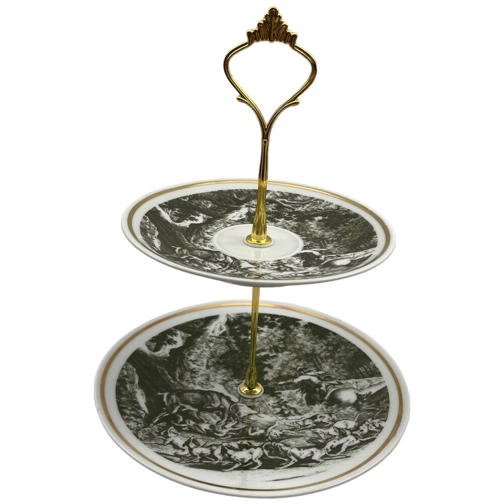Фруктовница - этажерка "Охота", 23 см, 1950-1960 г, фарфор, гравюра, Rieber, Бавария, Германия