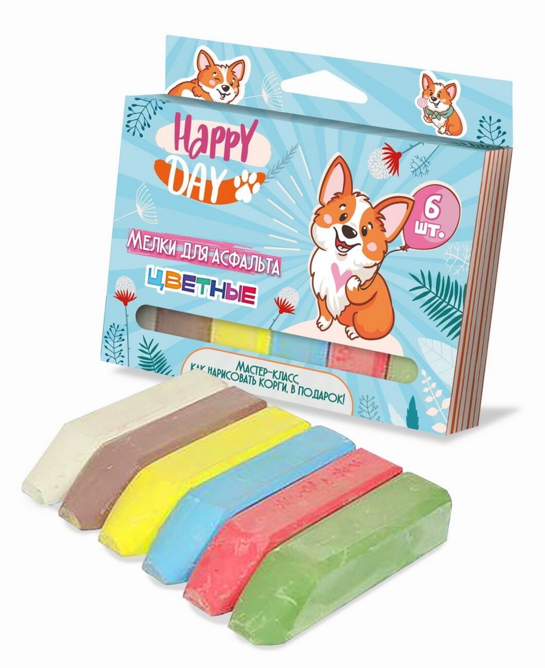 Набор цветных мелков ND Play Корги для асфальта 6шт 12,3x8,4x2,2см 304762