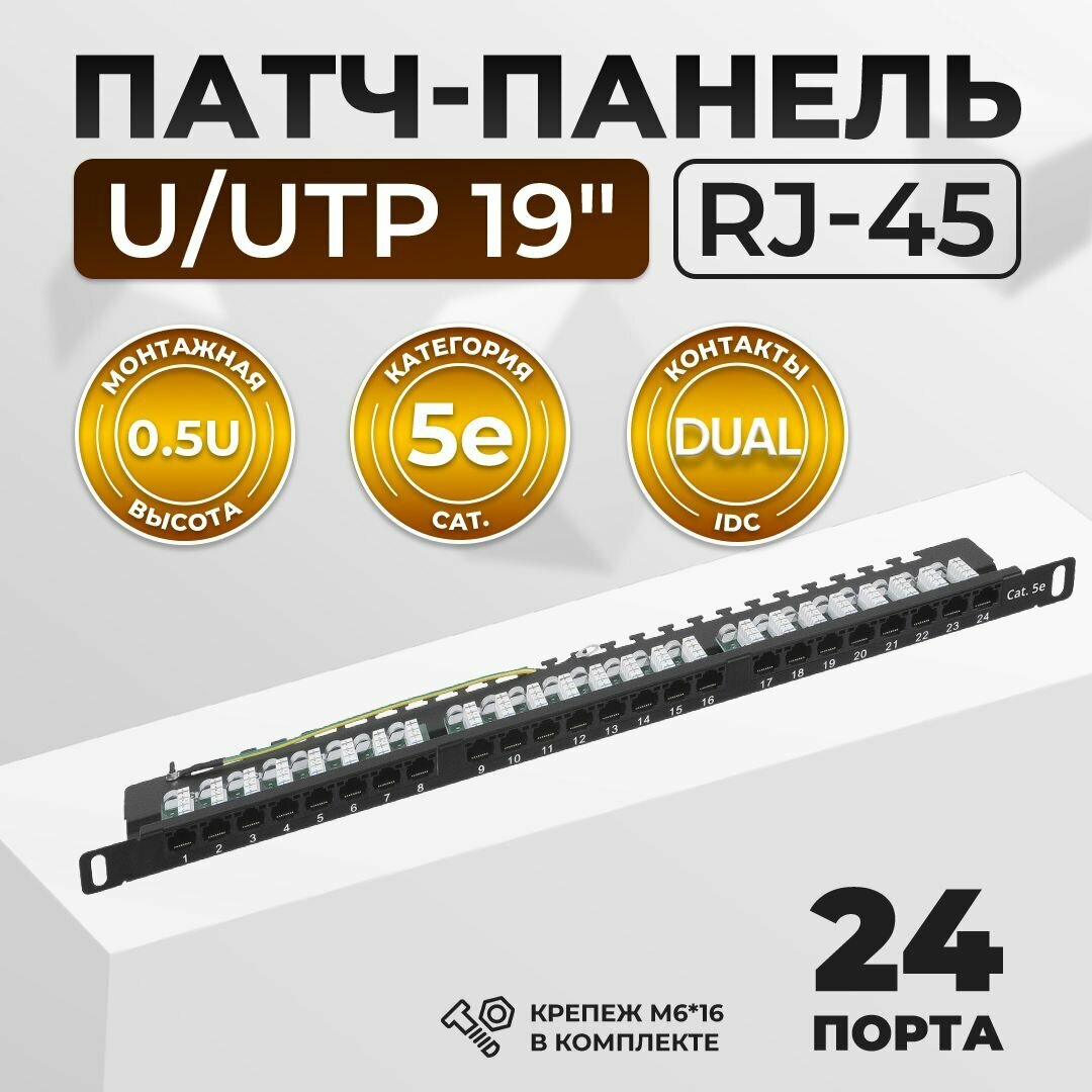 Патч-панель TWIST 24-порта cat.5e 19" (0,5U), UTP, для монтажа в стойку, высокая плотность, DUAL IDC, чёрный
