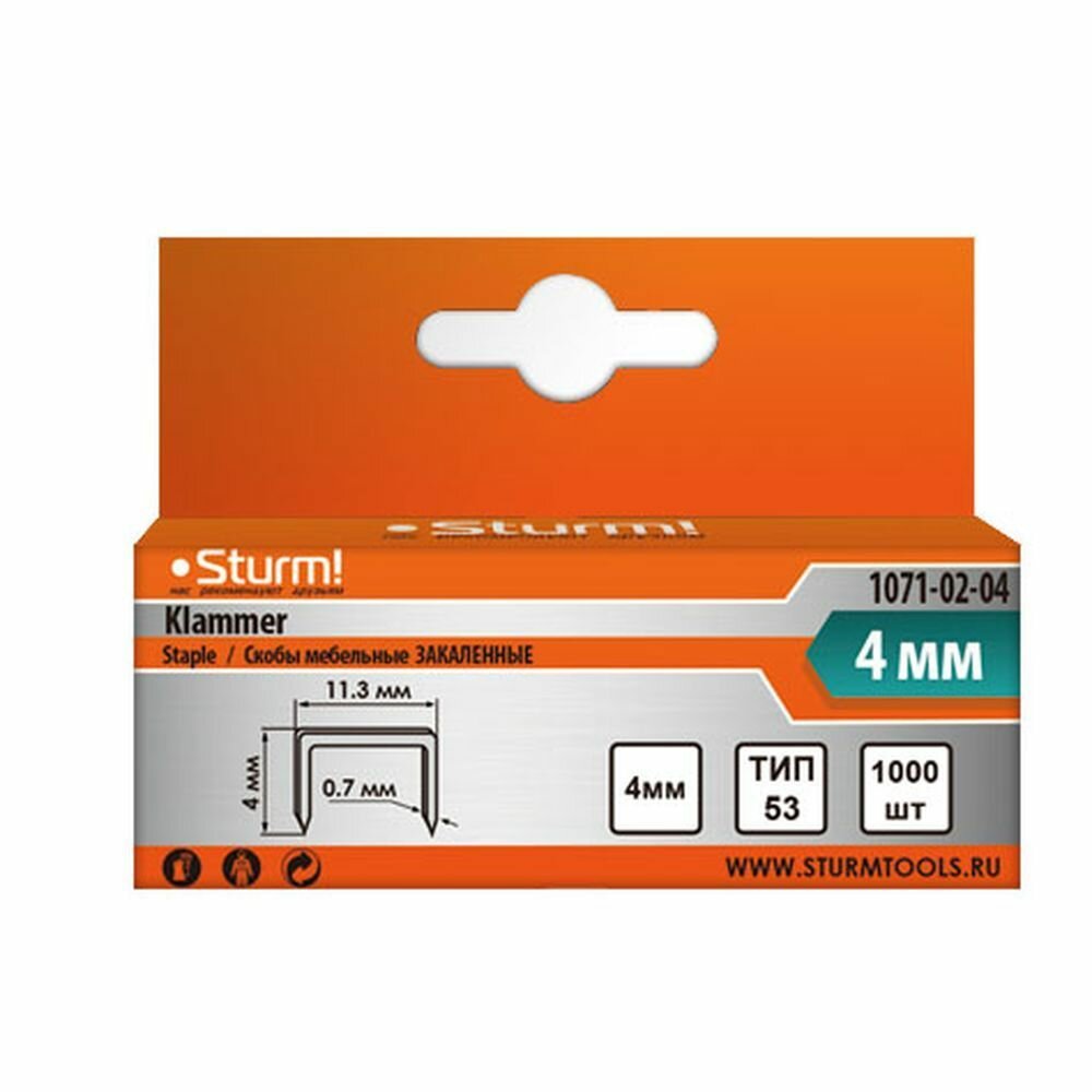 Скобы для степлера (1000 шт; 4 мм; тип 53) Sturm 1071-02-04