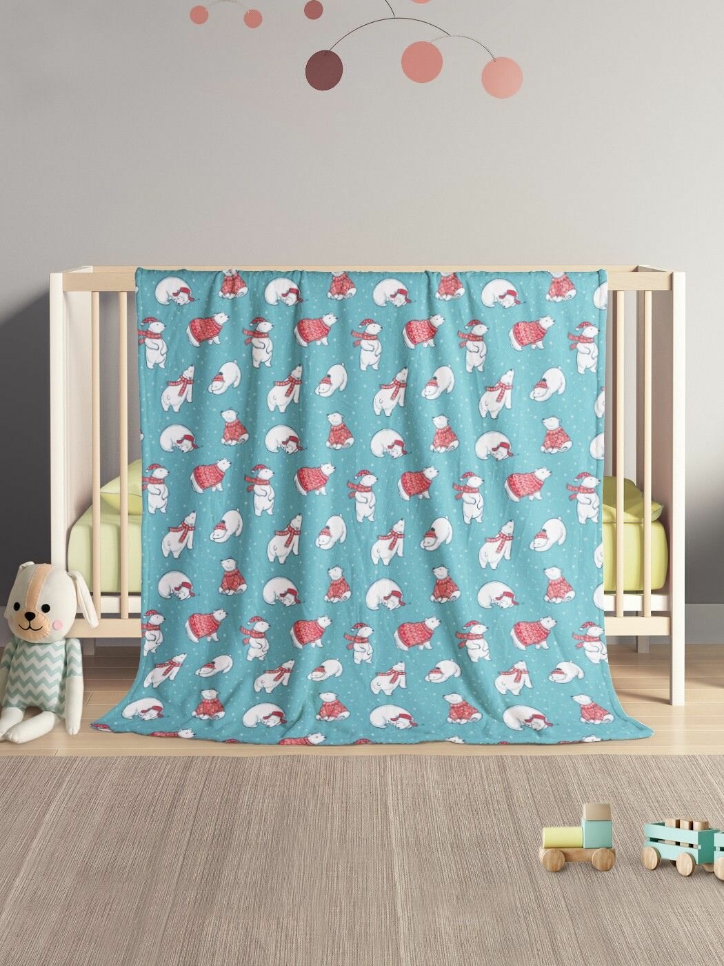 Плед покрывало с рисунком JoyArty "Рождественские полярные медведи", велсофт, 130x180 см