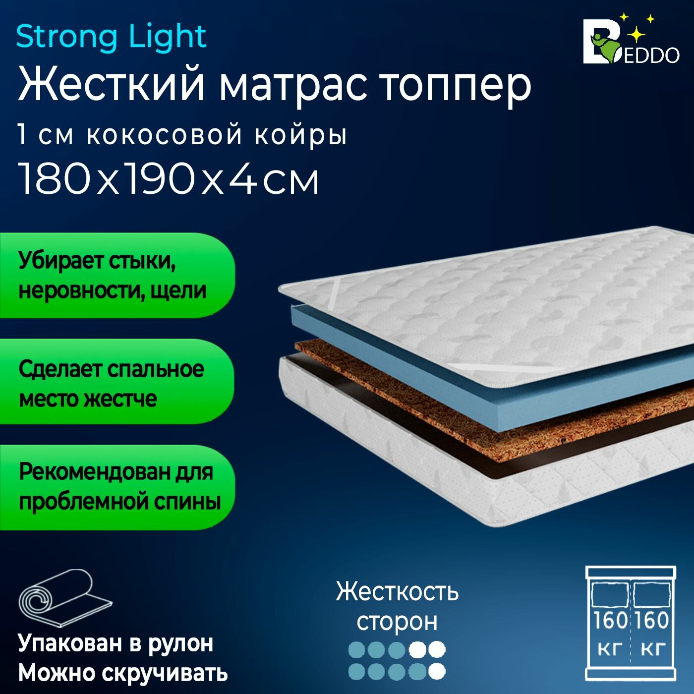 Топпер матрас 180х190 BEDDO SLEEP Strong Light 4 см, матрас на диван ортопедический с кокосовой койрой 1 см, жесткий, двусторонний с резинками, в рулоне