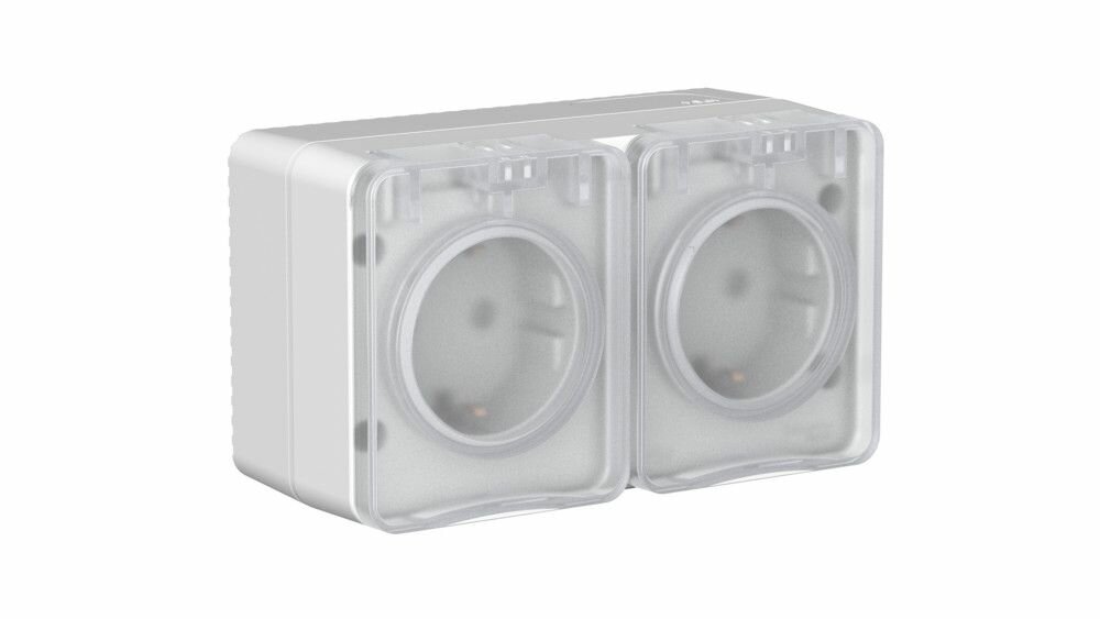 Atlasdesign profi ip54 открытой установки розетка двойная с з/к со шторками 16а, серый