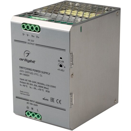 Блок питания Arlight ARV-DRP480-PFC-24 (24V, 20A, 480W) (, IP20 Металл, 5 лет)