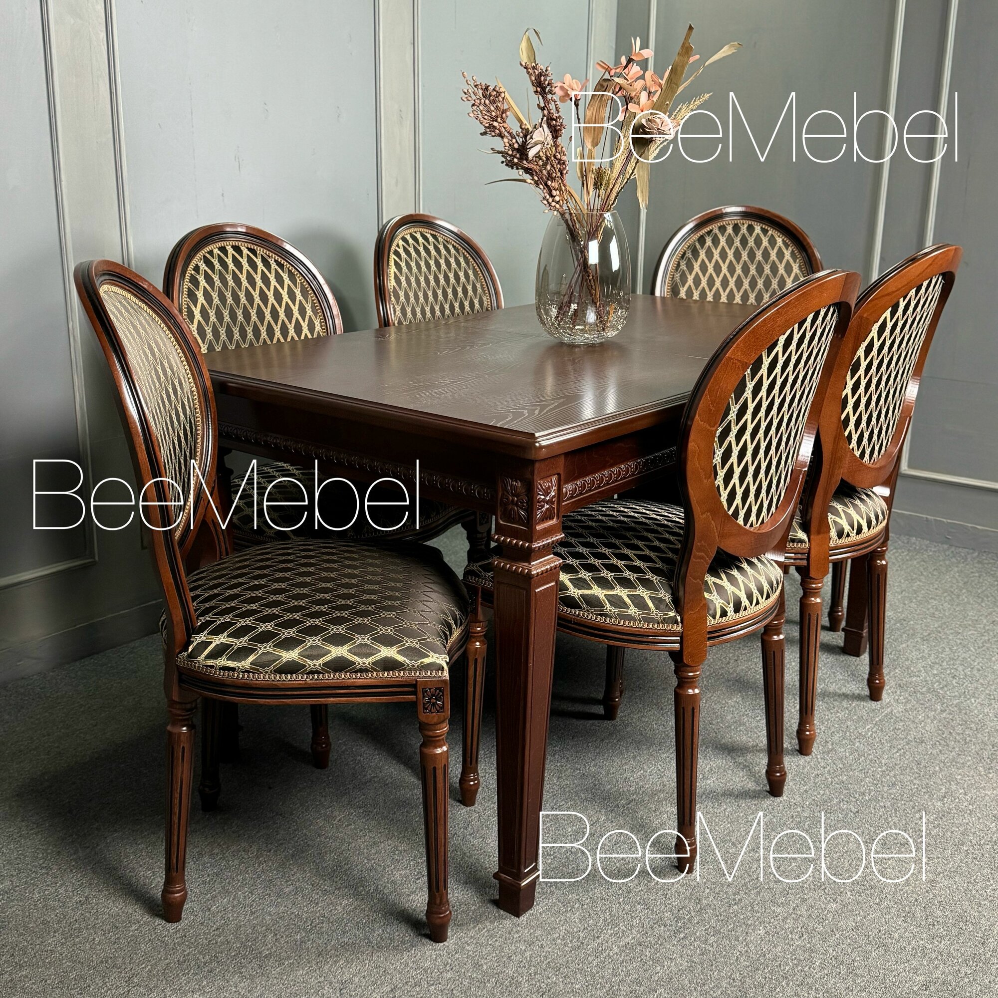 Обеденная группа, шпонированная, 140x85x76 см, 6 стульев, коричневый цвет