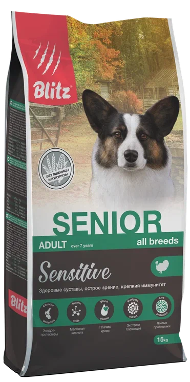 Сухой корм для собак Blitz Senior Sensitive для всех пород старше 7 лет с чувствительным пищеварением, с индейкой 1,8кг