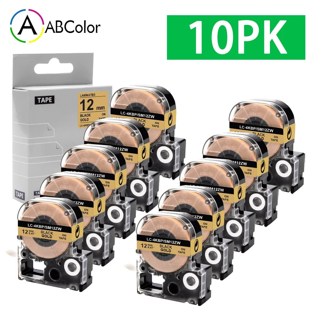 Лента для принтеров Epson 12 мм черная на белая ABCOLOR 10 шт Black on Gold, 12 мм