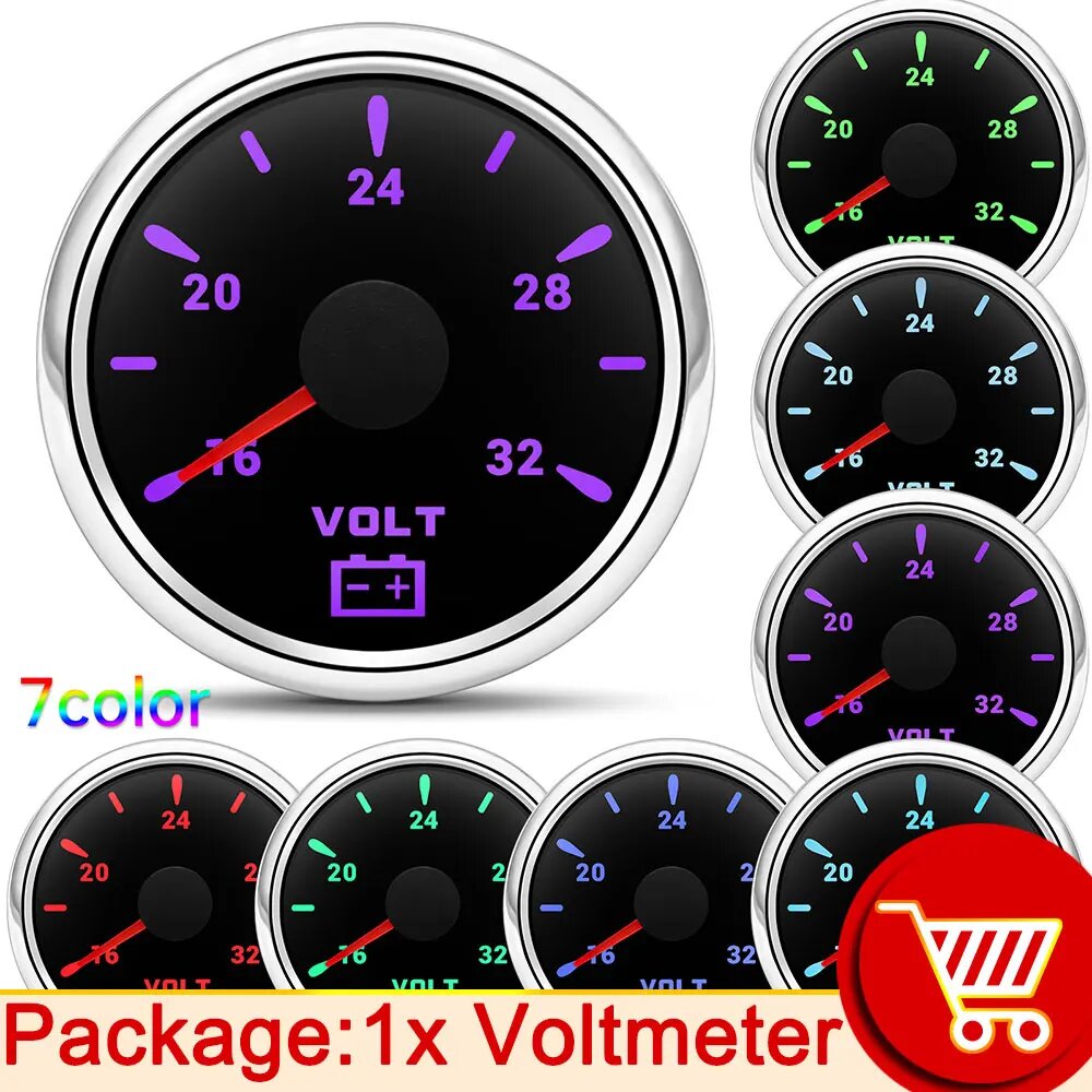 52 мм вольтметр 24 в электрический автомобиль Грузовик Лодка 16-32 В с 7-цветной подсветкой 12 в 24 В для автомобиля лодка мотоцикл Водонепроницаемый вольт датчик black silver