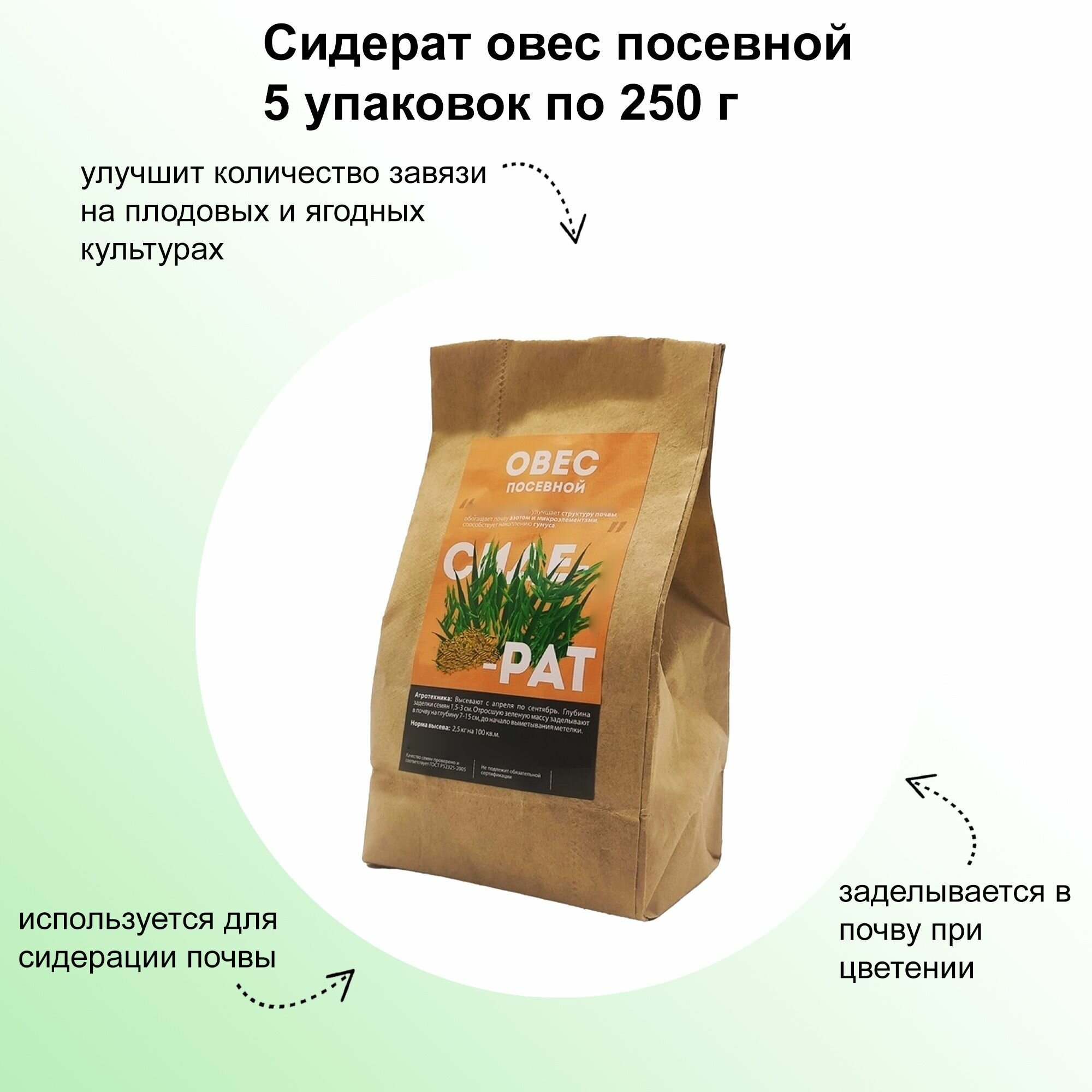 Сидерат "Овес посевной", 5 упаковок по 250 г: стойко переносит низкие температуры, растет практически на любых почвах; сильная корневая система разрыхляет верхние слои грунта