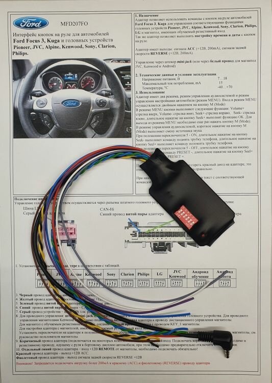 Can адаптер для согласования кнопок на руле с магнитолой для автомобилей Ford Focus 3, Kuga . Zexma