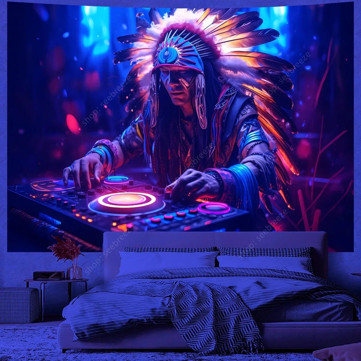 Гобелен на стену 180x230см, DJ в индейском головном уборе, WF0972