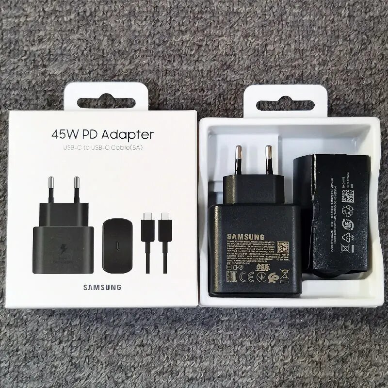 Зарядное устройство Samsung 45 Вт, адаптер для супербыстрой зарядки, кабель типа C для Galaxy S24 S23 S22 S21 S20 Note 20 Ultra FE Z Flip Fold 6 5 4 3 2 Black-With 5A Cable