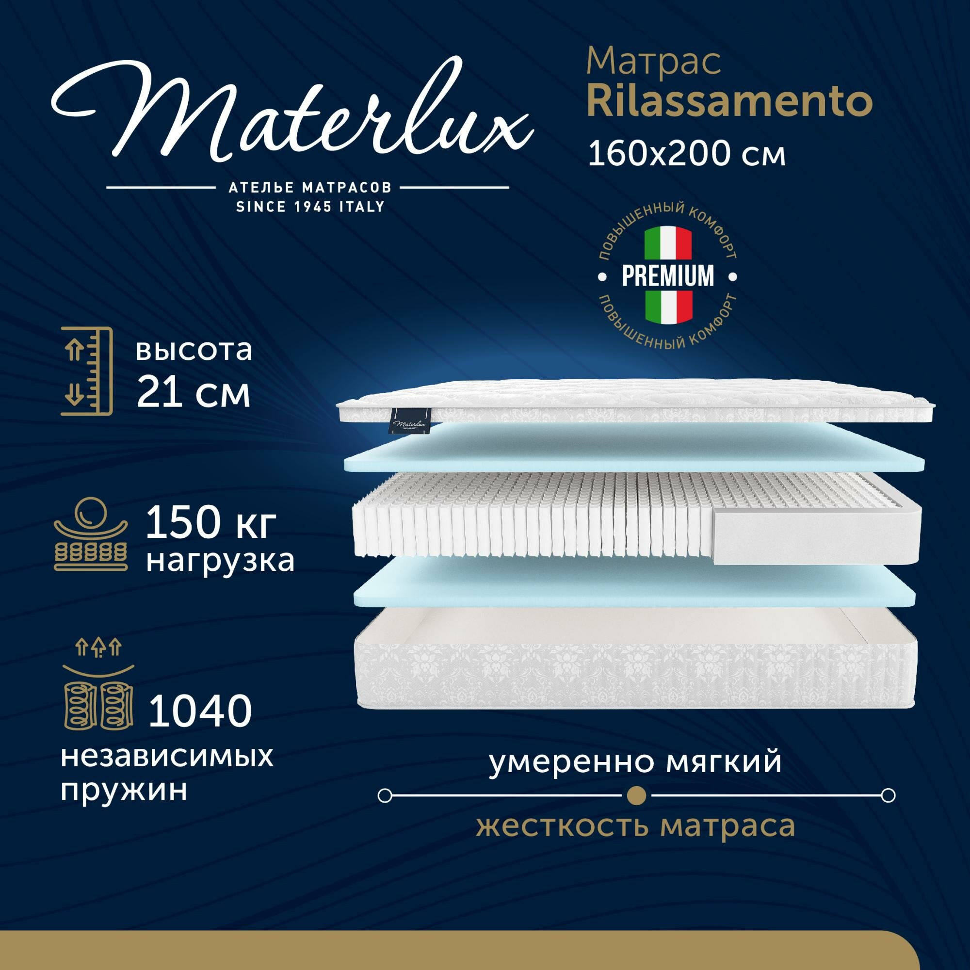 Матрас Materlux Rilassamento , независимые пружины, 160x200см