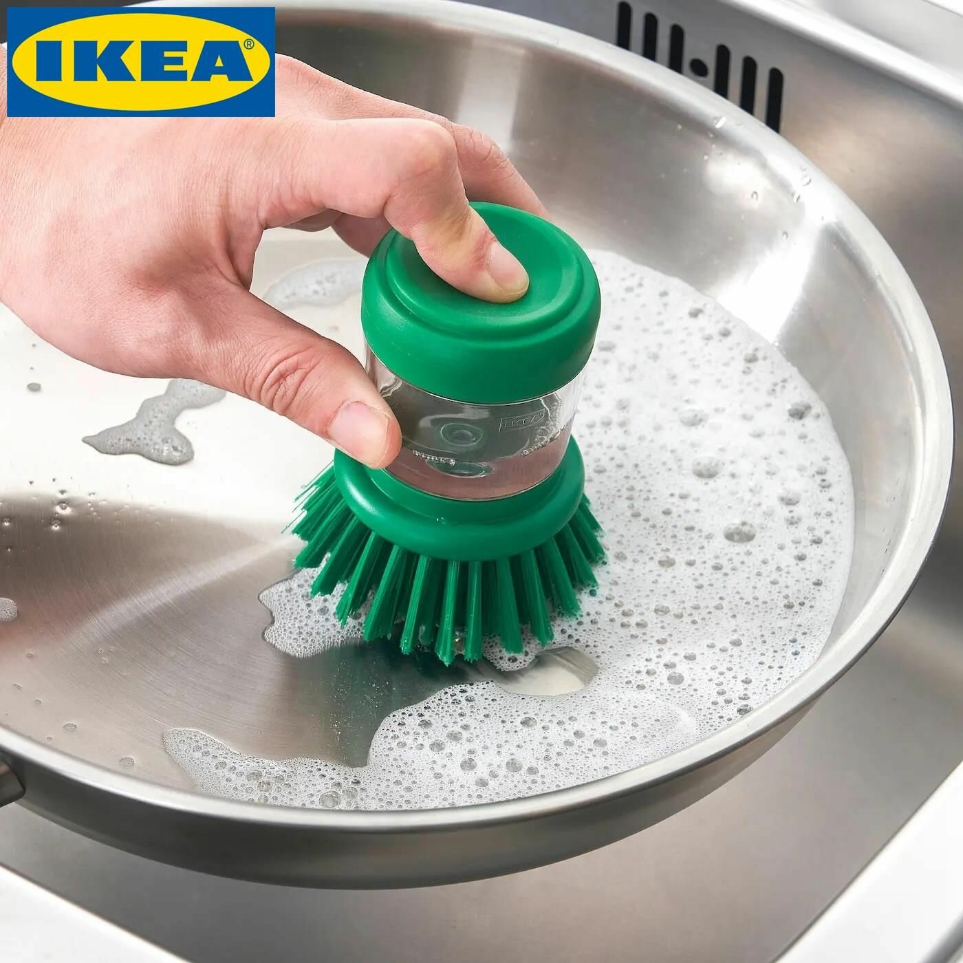 IKEA икеа Посудная щетка VIDEVECKMAL с контейнером для моющего средства, ярко-зеленая