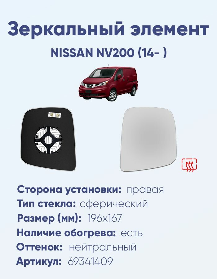 Зеркальный элемент правый NISSAN NV200 (14- ) сфера нейтральный с обогревом